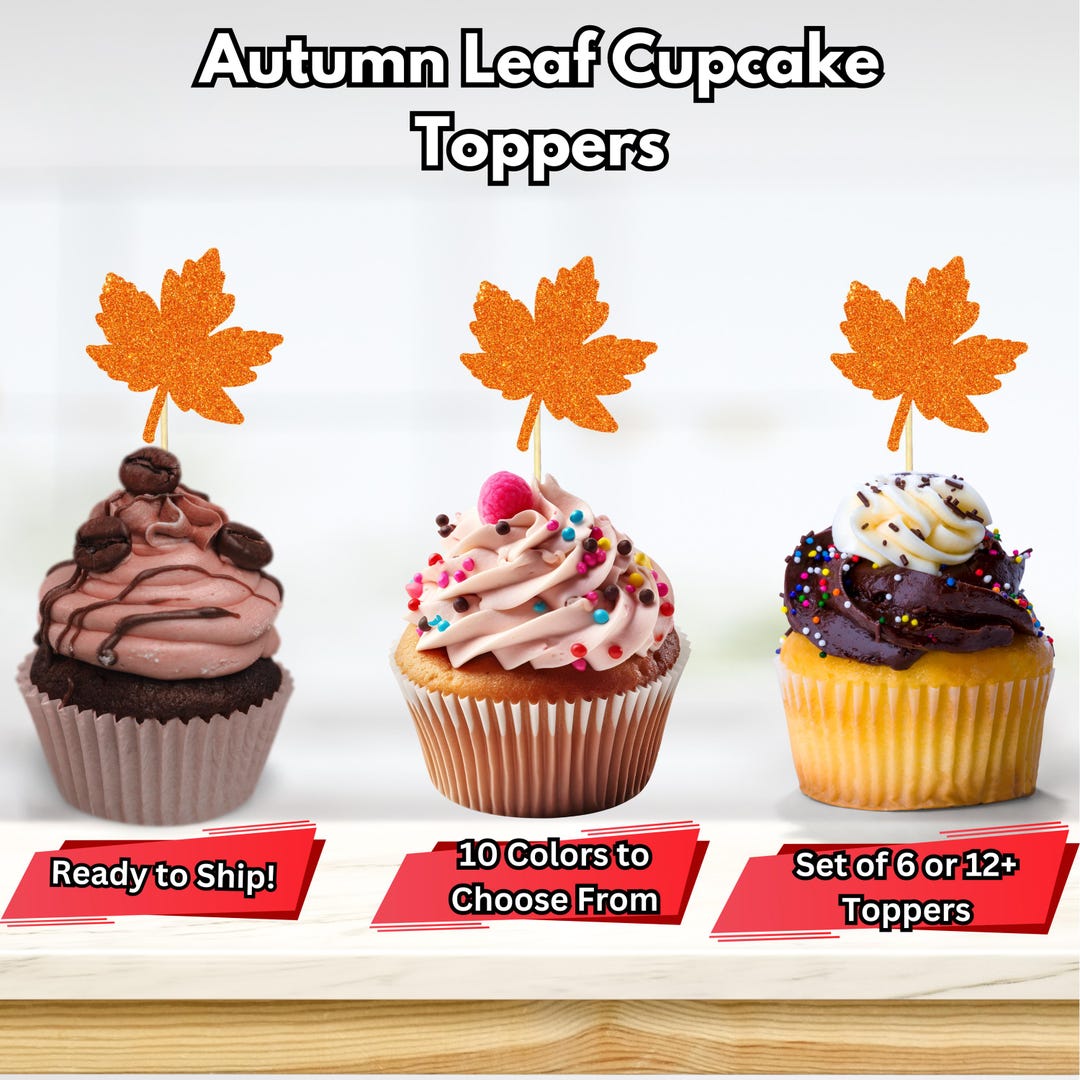 Autumn Leaf Cupcake Toppers, Fall Theme Party Decorations, Glitter ...