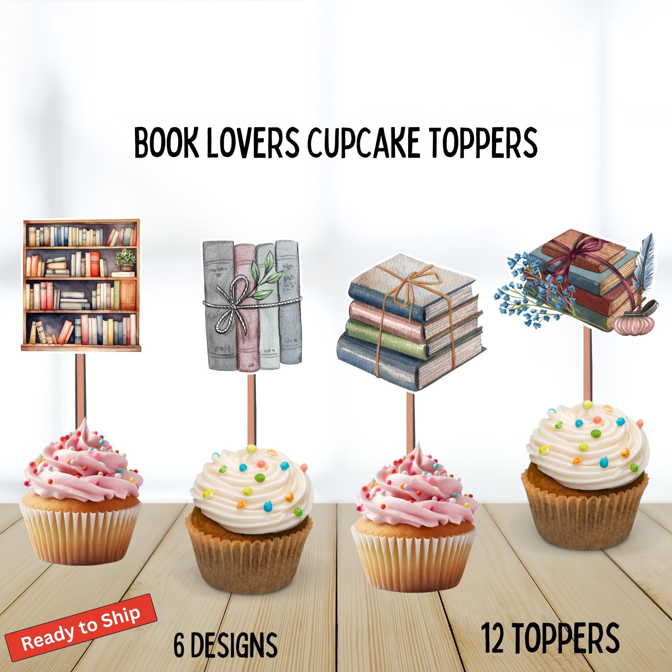 Book Lovers Cupcake Toppers, Watercolor, 12 Count, Library Theme ...