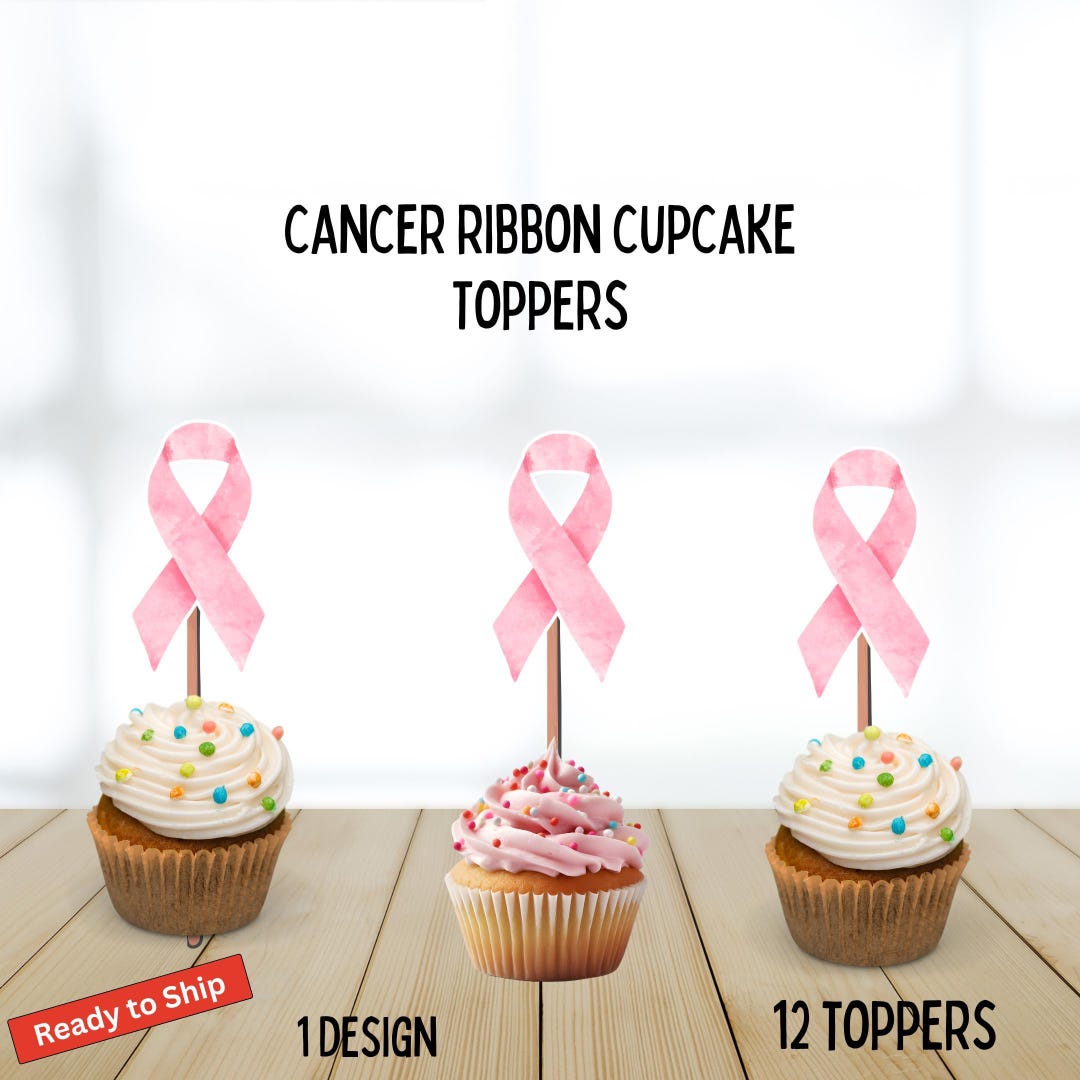 Watercolor Pink Ribbon Cancer Cupcake Toppers, Cancer Awareness, Cancer ...