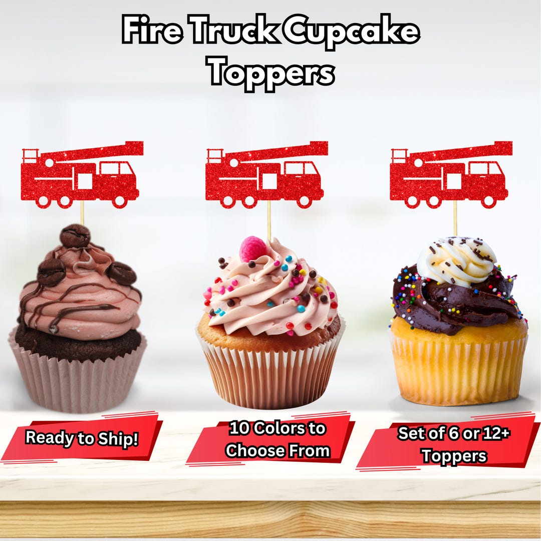 Fire Truck Cupcake Toppers, Fire Engine Toppers, Fire Fighter Party ...