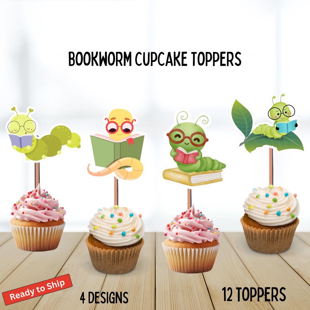 Book Worm Cupcake Toppers, Books, Birthday Kids Party Decor, Library ...