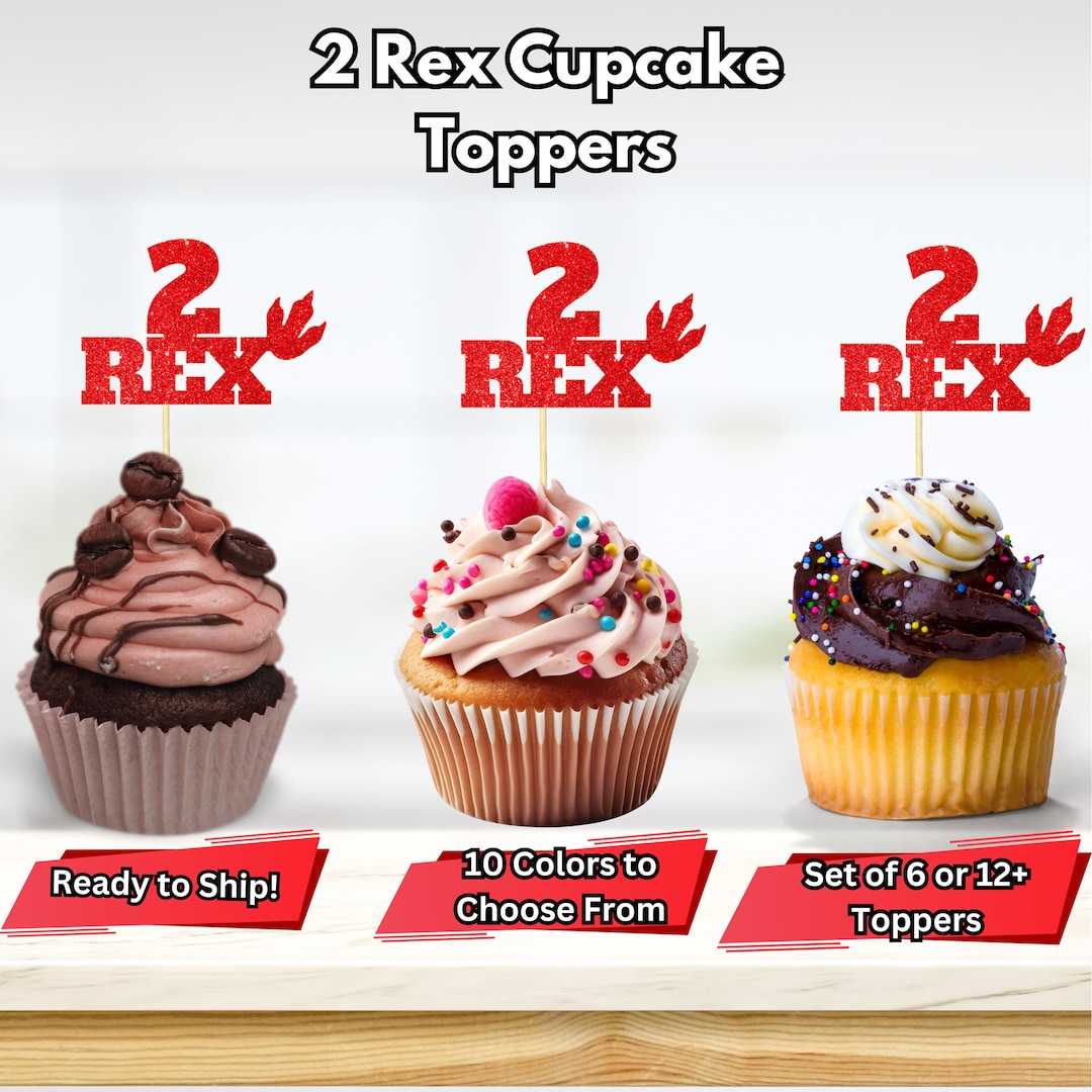 2 Rex Cupcake Toppers, Two Rex Party Decor, Dinosaur 2nd Birthday ...