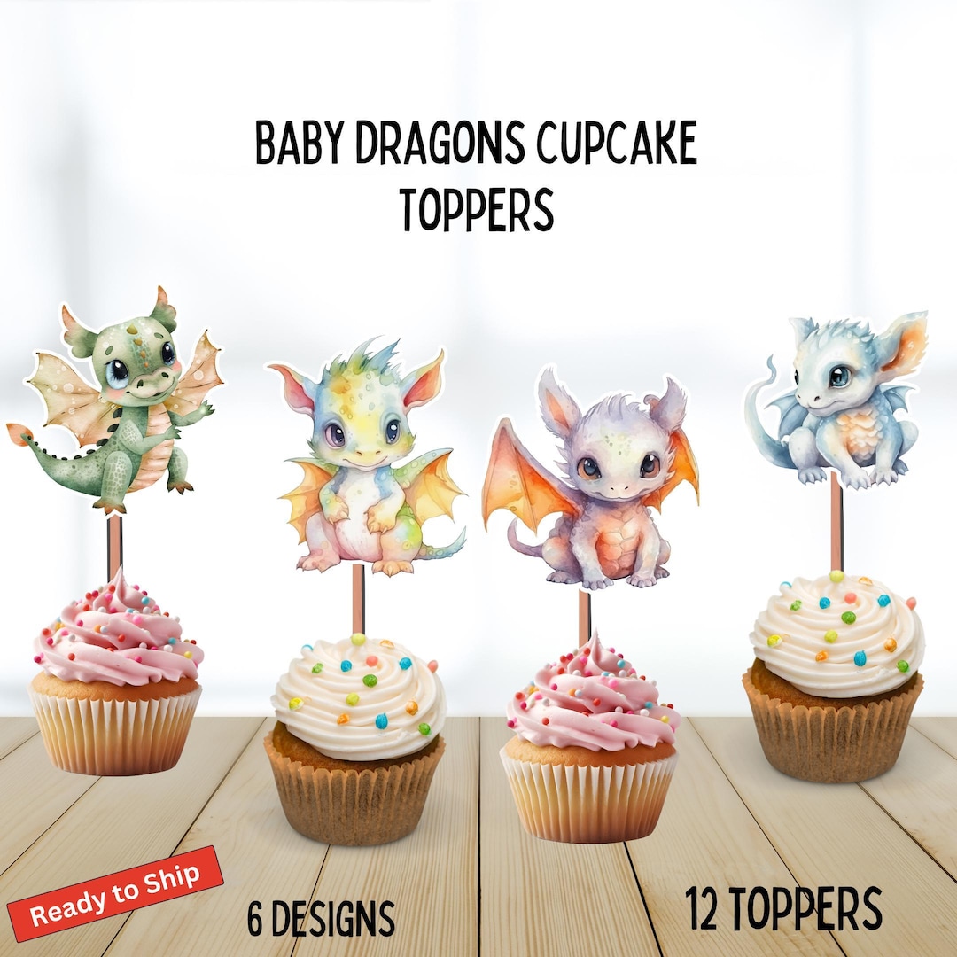 Baby Dragon Cupcake Toppers, Watercolor Pastels, 12 Count, Dragon Theme ...