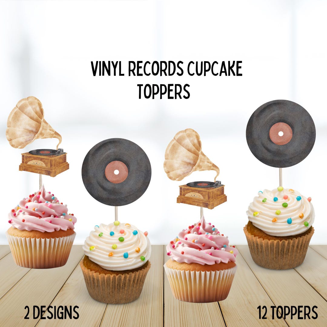Gramophone Cupcake Toppers, Vinyl Record, Record Player, Music Toppers ...