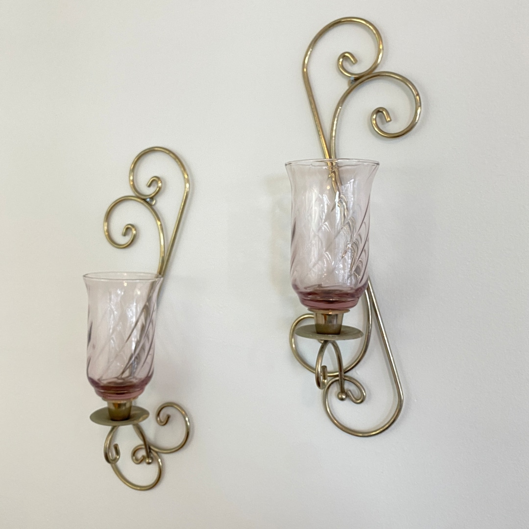 Vintage Pair of Brass Scroll Home Interiors Wall Sconces With Purple ...