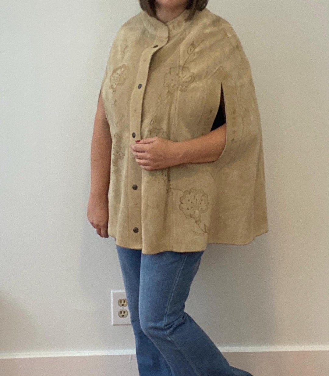 Vintage Tan Suede Leather Poncho Cape Snap Front Embossed - Etsy