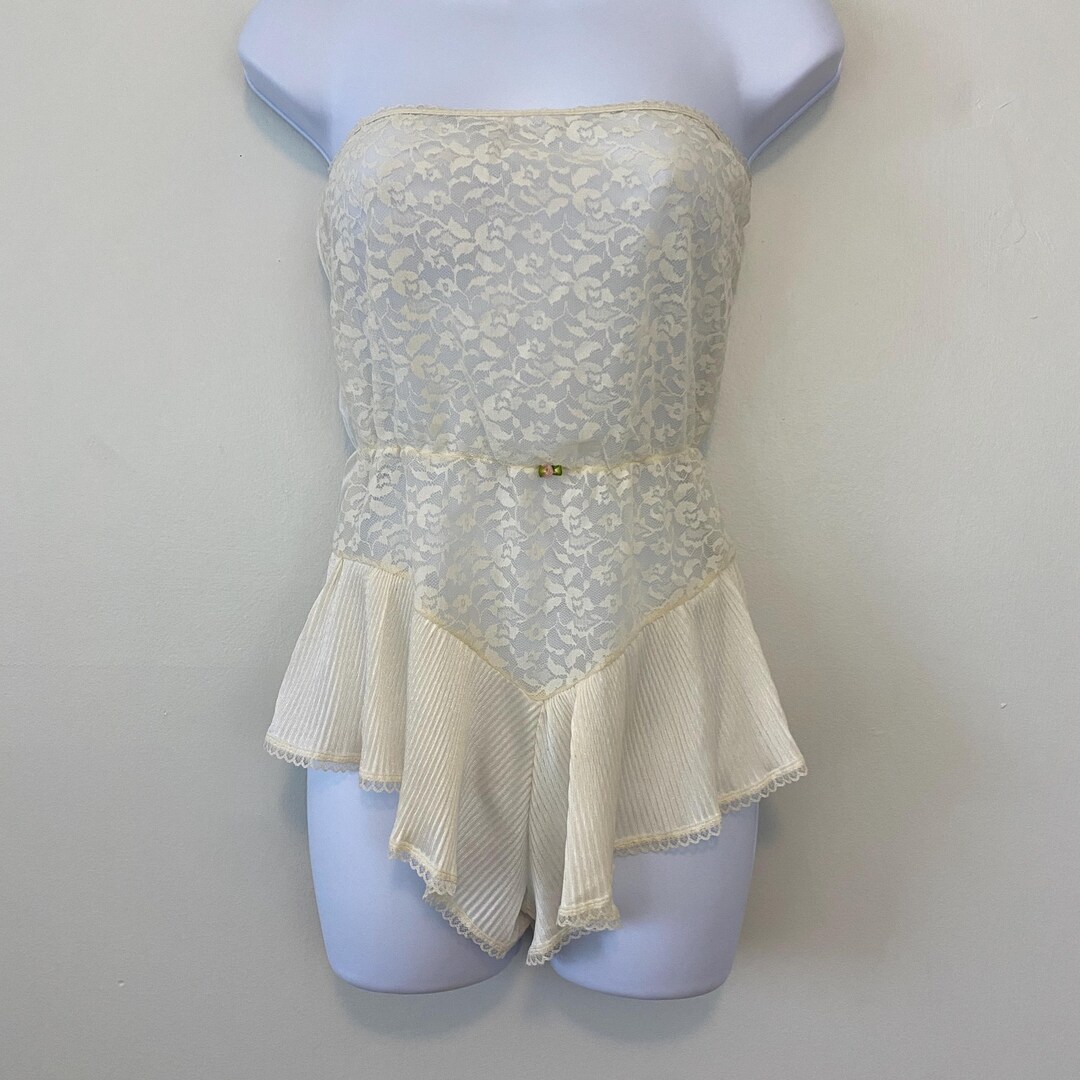 Vintage Off-white Strapless Semi-sheer Shorts Teddy Romper Size Small ...