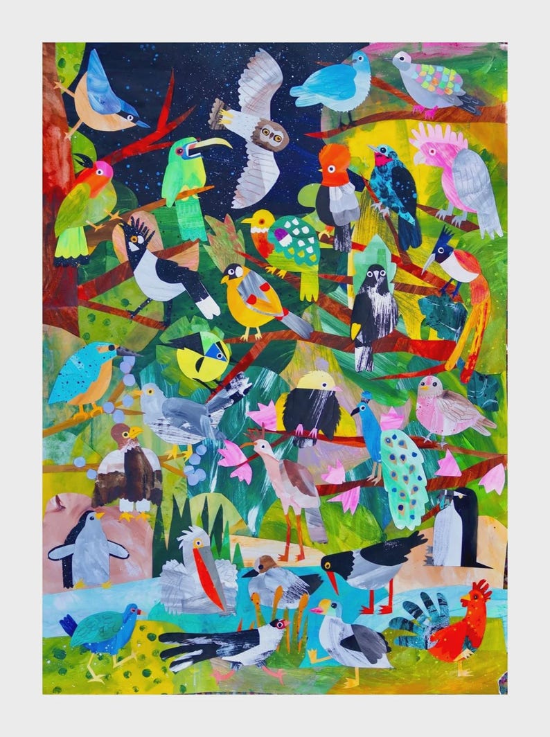 Colourful Bird Collage A3 Art Print - Etsy