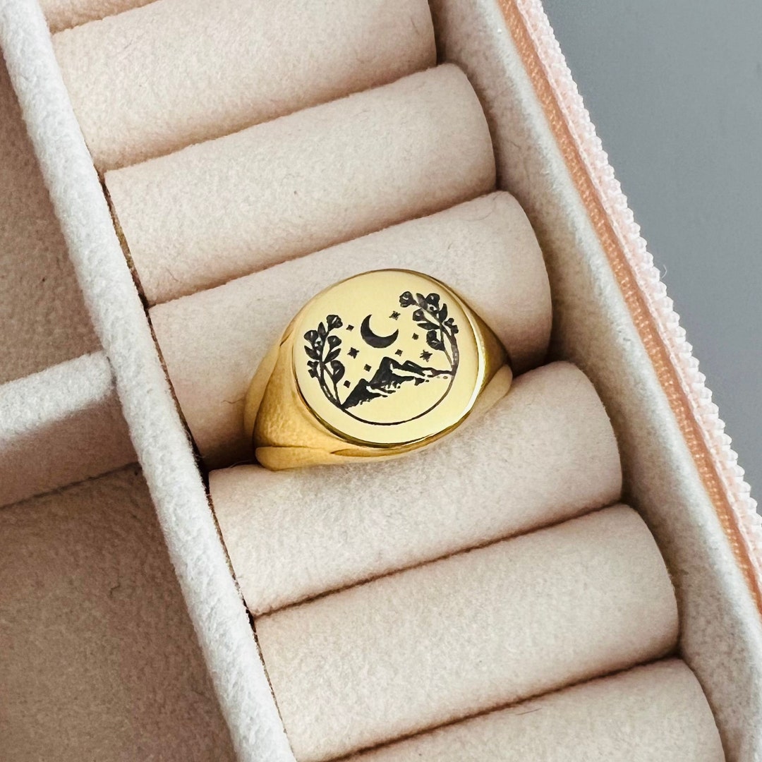 Mountain Ring, Forest Ring, Moon Ring, 18K Pvd Gold Signet Ring ...