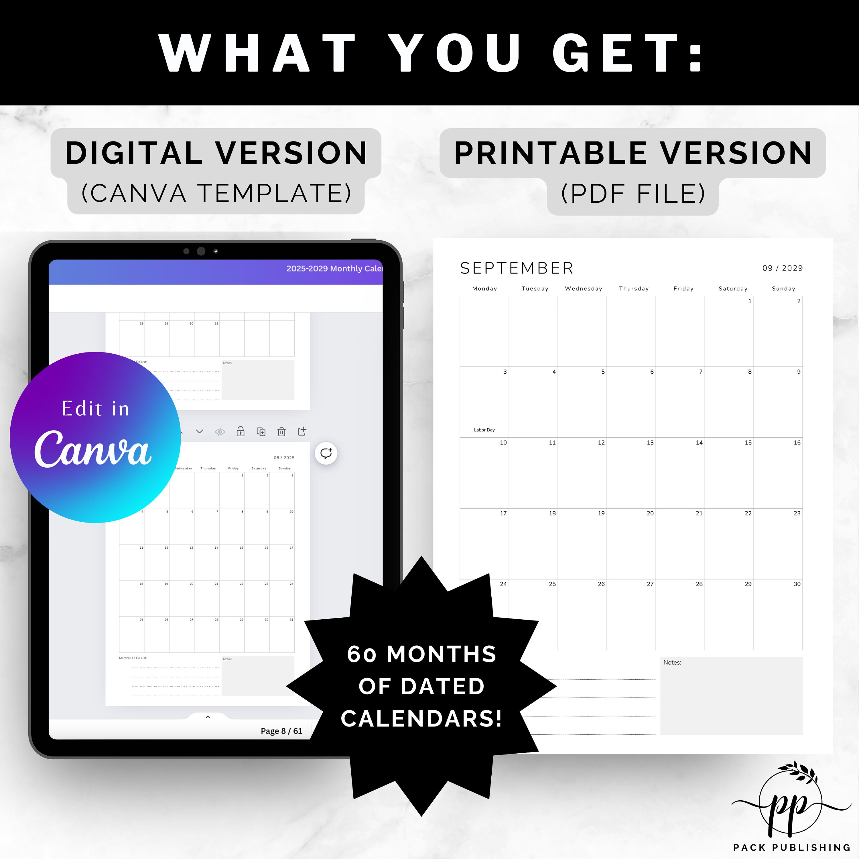 2025-2029 Editable Monthly Planner Calendar Canva Digital Template ...