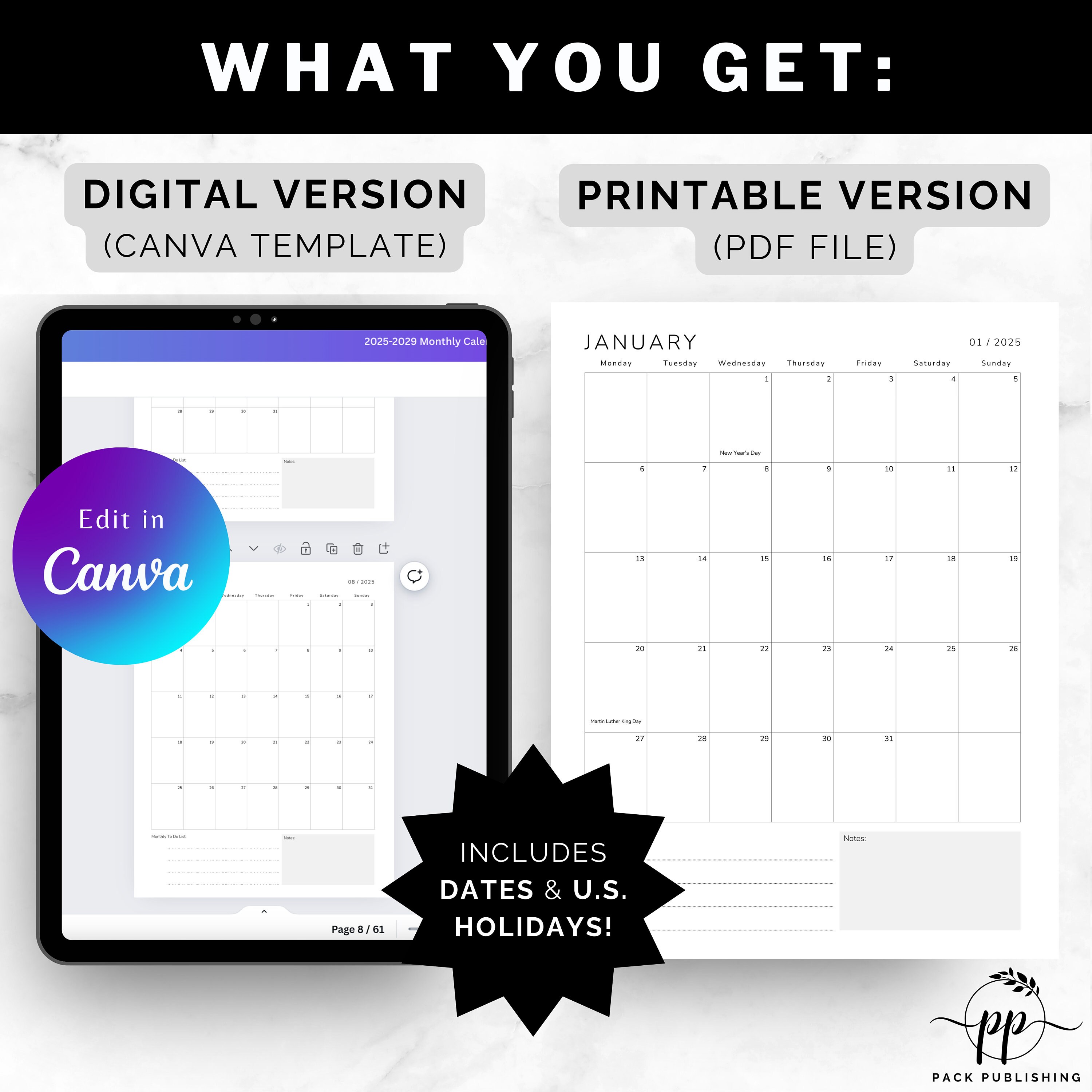 Editable 2025 Weekly Daily Monthly Planner Calendar Canva Printable ...