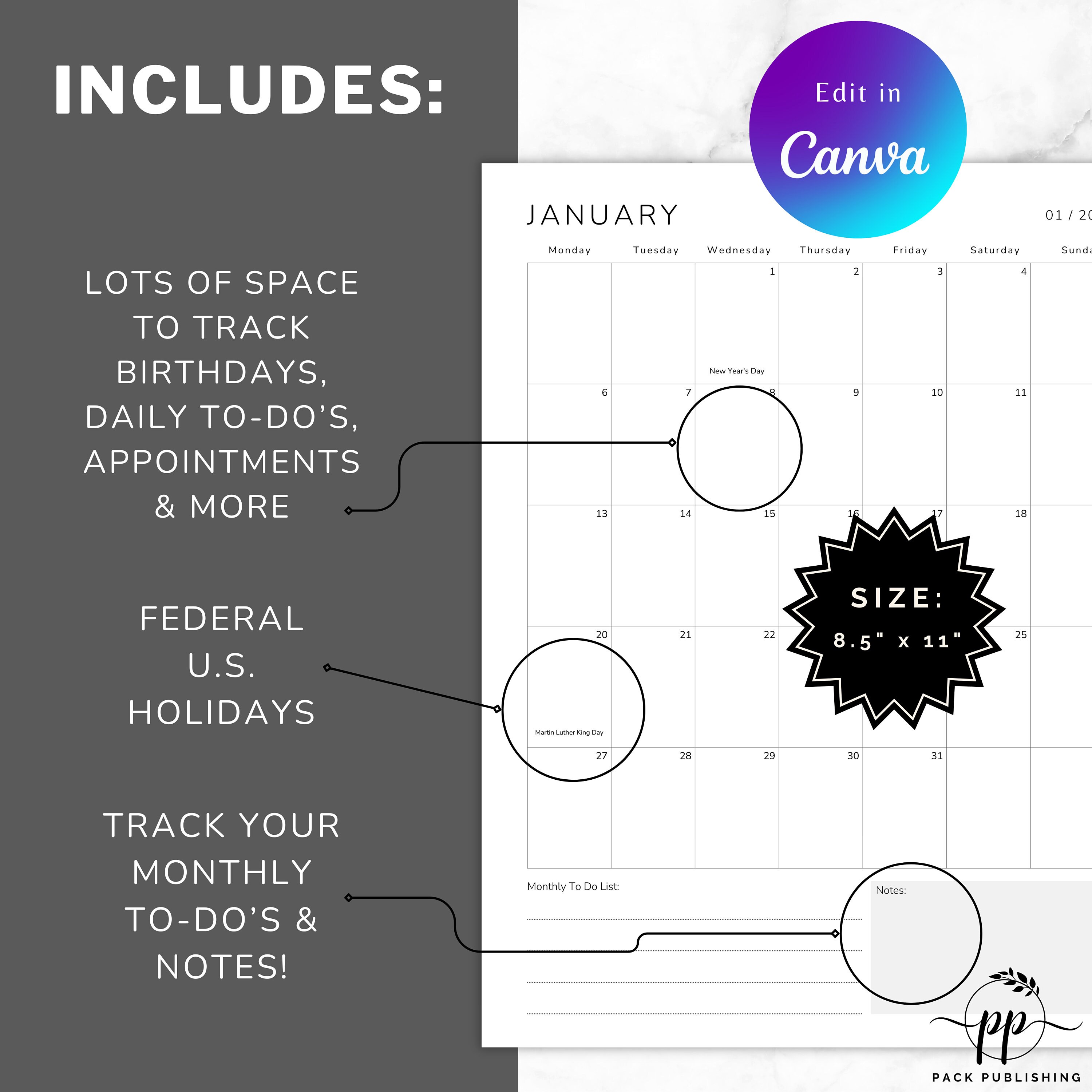 Editable 2025 Monthly Planner Calendar Canva Printable Digital Template ...