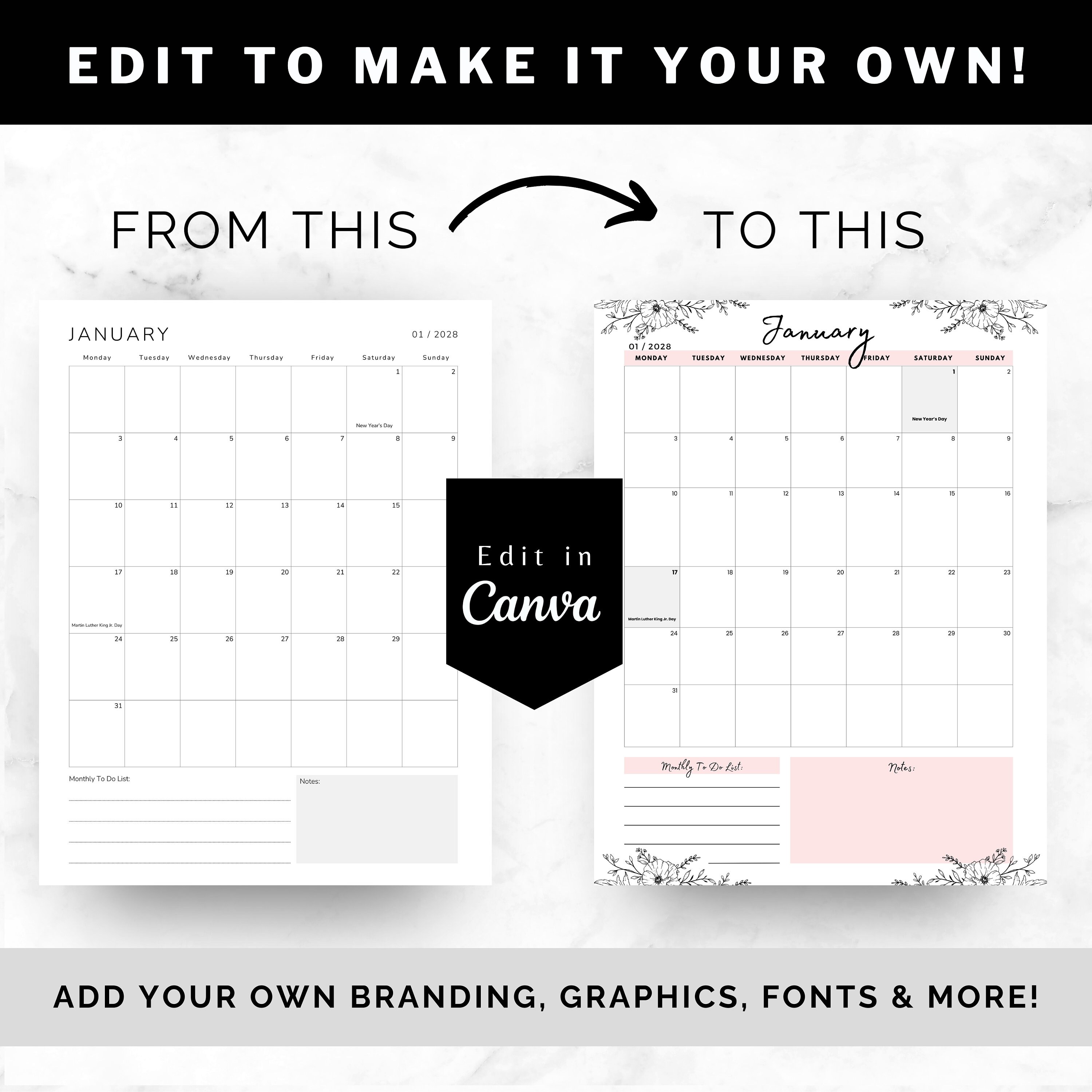2025-2029 Editable Monthly Planner Calendar Canva Digital Template ...