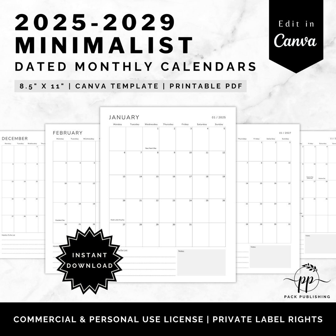 2025-2029 Editable Monthly Planner Calendar Canva Digital Template ...