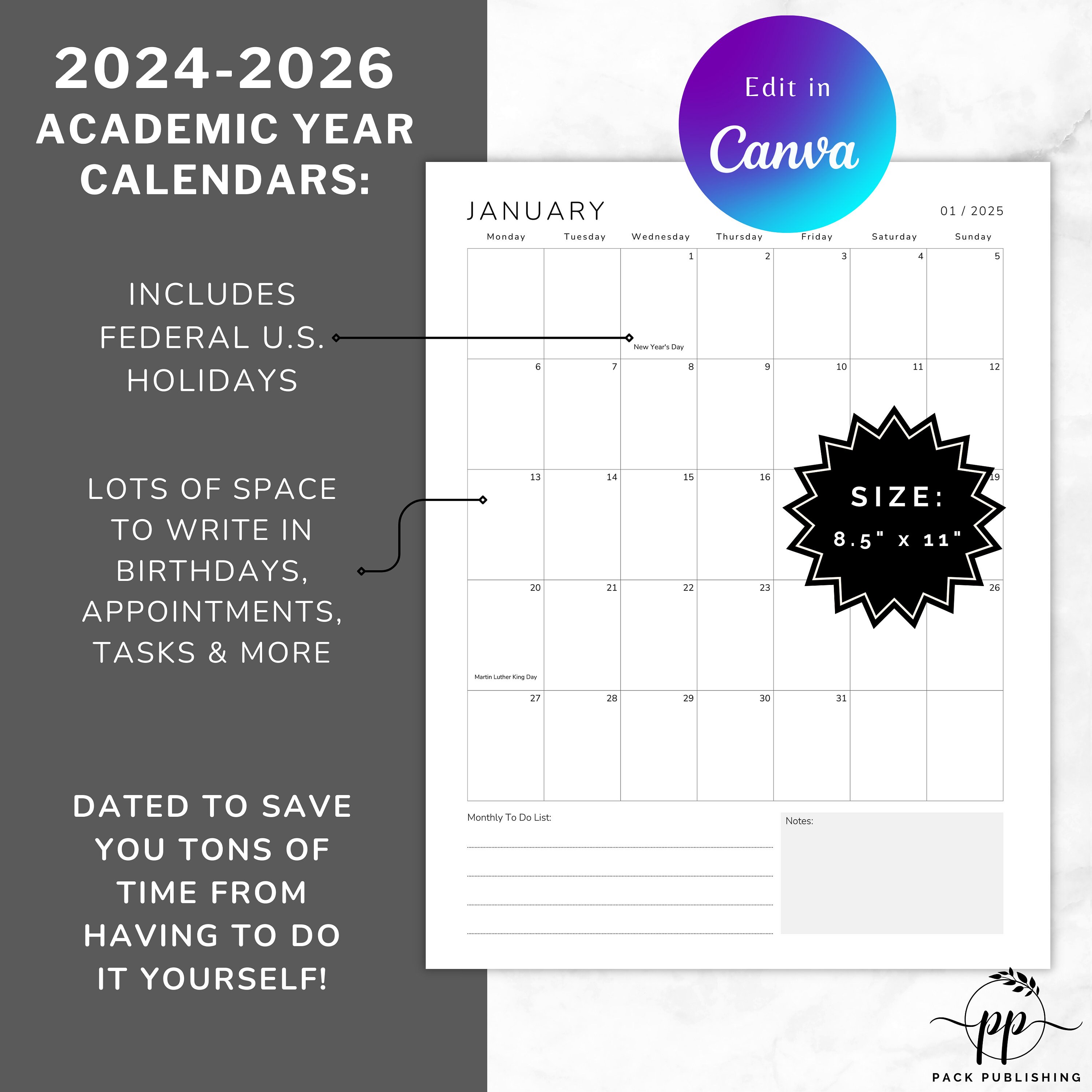 2024-2026 Editable Teacher Digital Printable Monthly Planner PLR ...