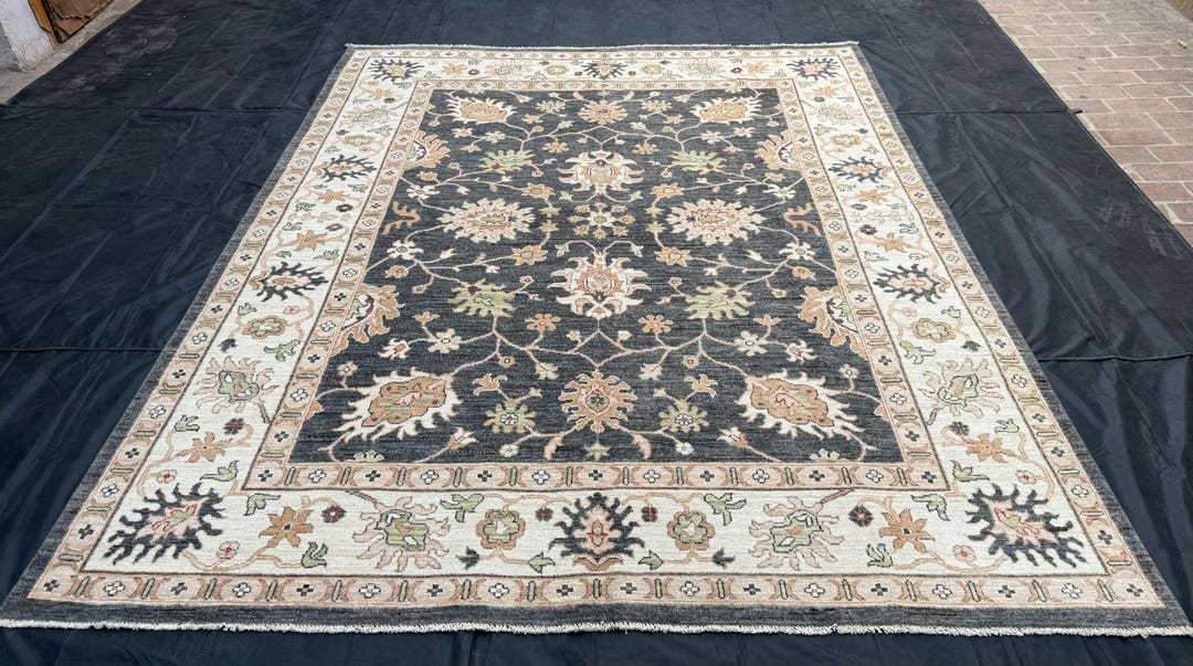Handmade Oushak Rug - Elegant Black and Cream Floral Turkish Wool ...