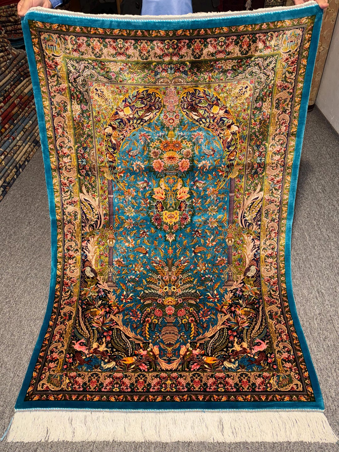 Blue Persian Silk Rugornate Floral and Bird Design,luxury Silk Area Rug ...