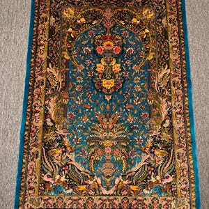 Blue Persian Silk Rugornate Floral and Bird Design,luxury Silk Area Rug ...