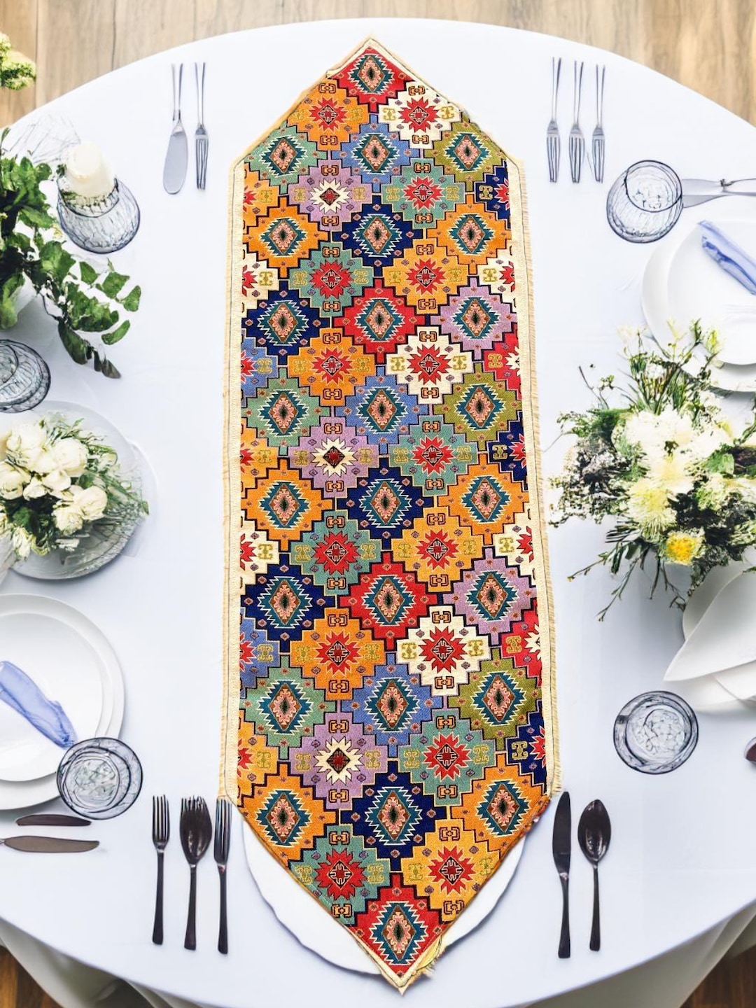 Embroidered Bohemian Vintage Turkish Linen Table Runner,55'' Rustic Dining Table Runner ...