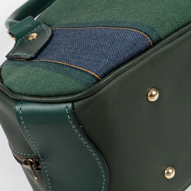 Green and Blue Stripe Leather and Fabric Handbag, Designed and Made in ...