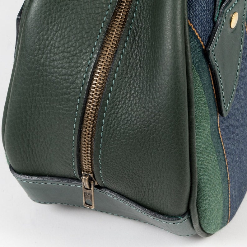 Green and Blue Stripe Leather and Fabric Handbag, Designed and Made in ...