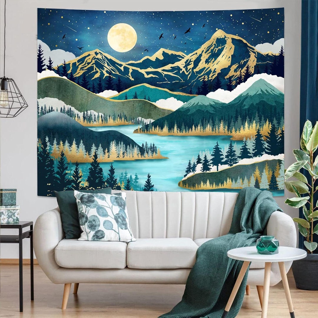 Mountain Moon Tapestry, Nature Forest Tree Lake Landscape Tapestries ...