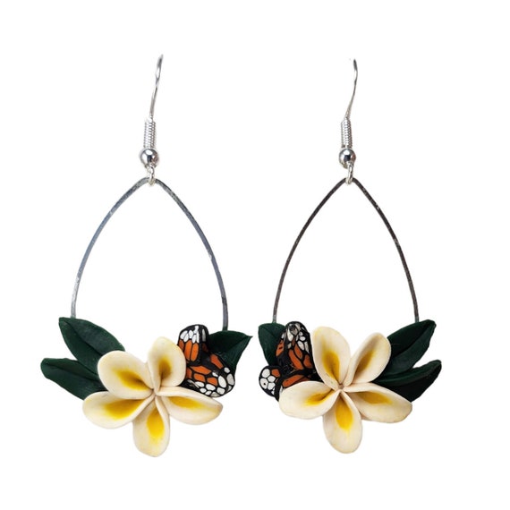 Plumeria Butterfly Dangle Hoop Earrings Butterfly Hoop Earrings With Plumerias Butterfly Earrings Hoops Plumeria Jewelry Etsy