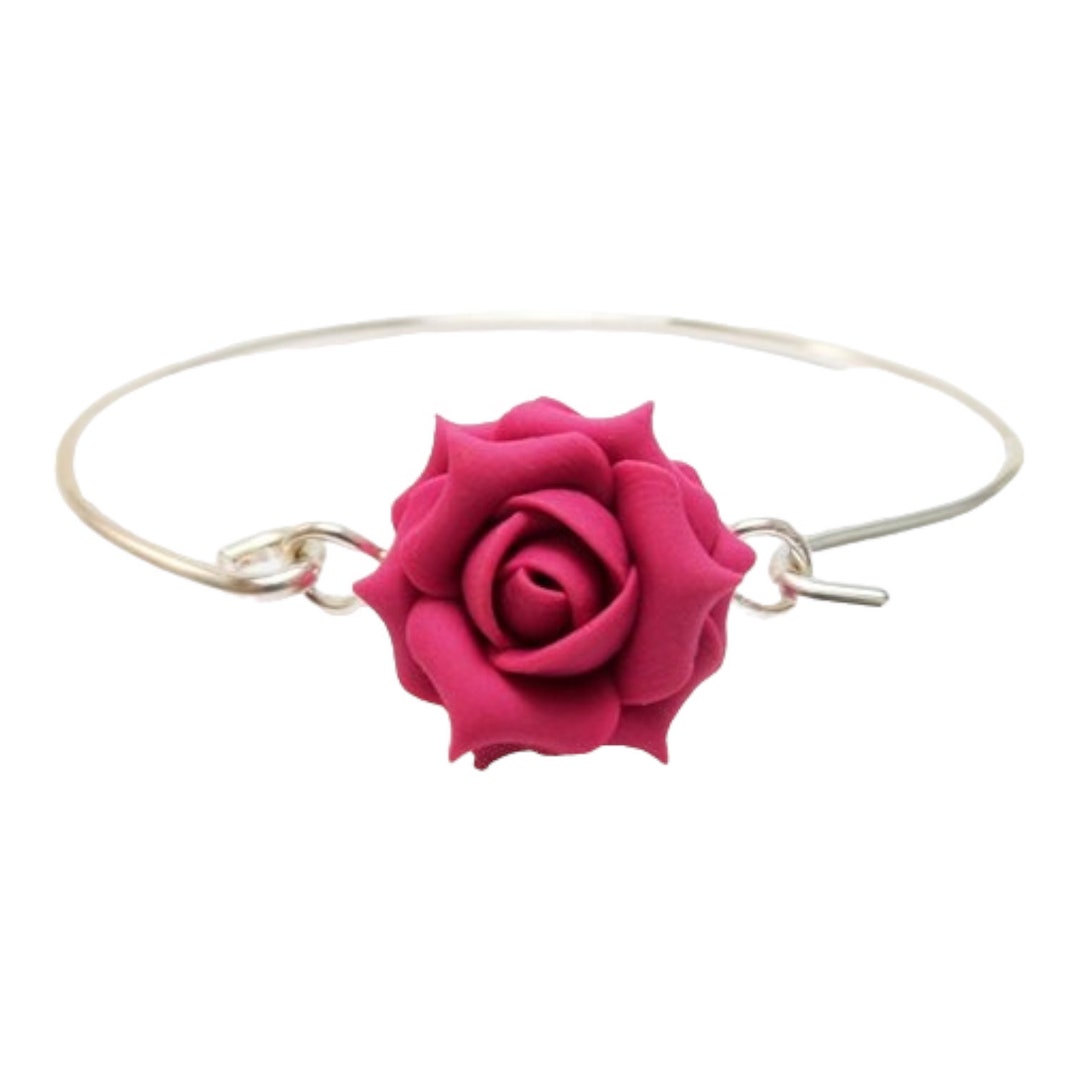 Sterling Silver Rose Bangle Bracelet: Hand Sculpted Polymer Clay Flower ...
