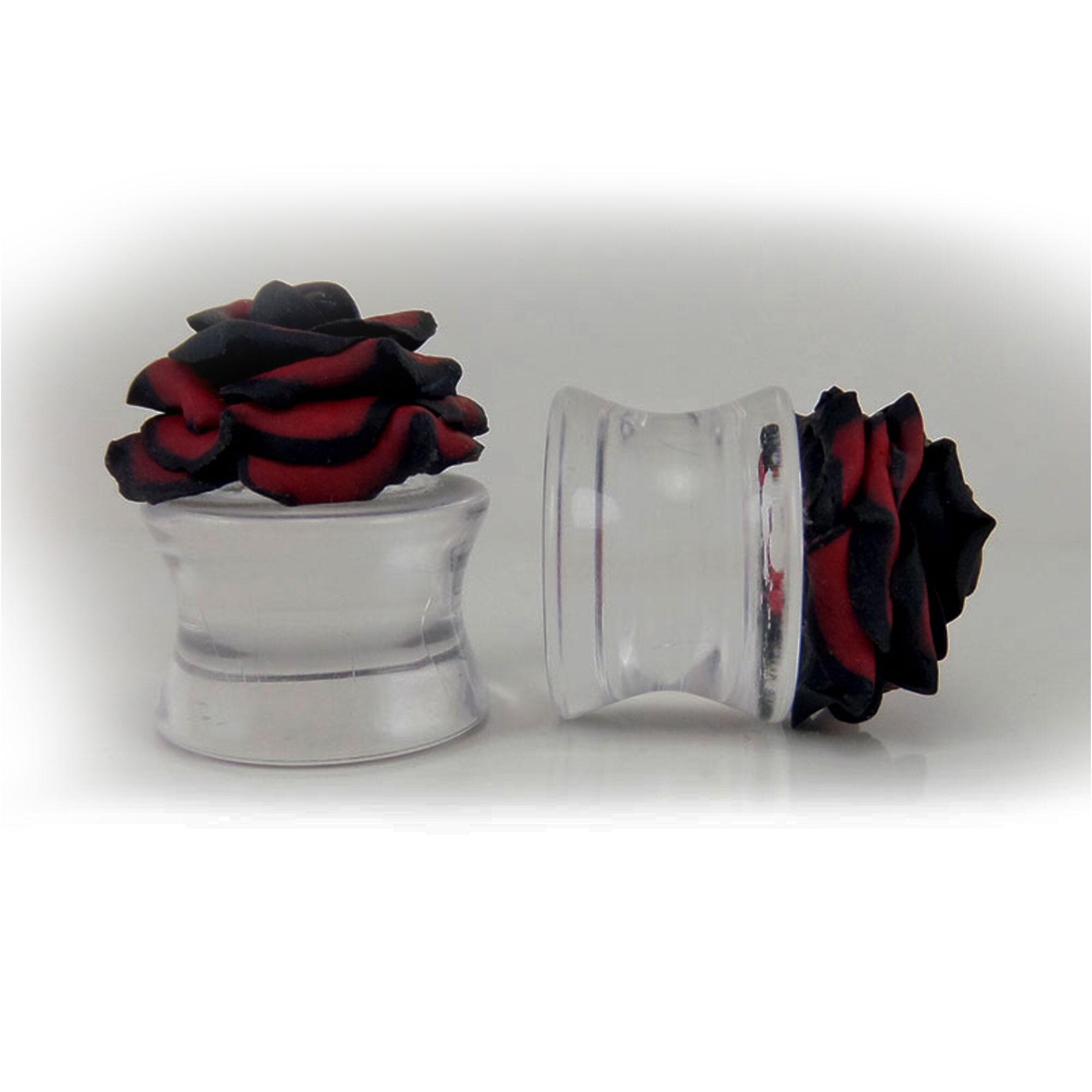 Polymer Clay Rose Plug Gauge Earrings: Two-tone Flower, Tipped Petals ...