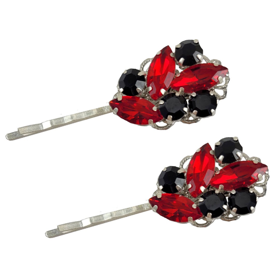 Wide Black & Red Rhinestone Hair Pins: Goth Bobby Pin Set (set of 2) - Etsy