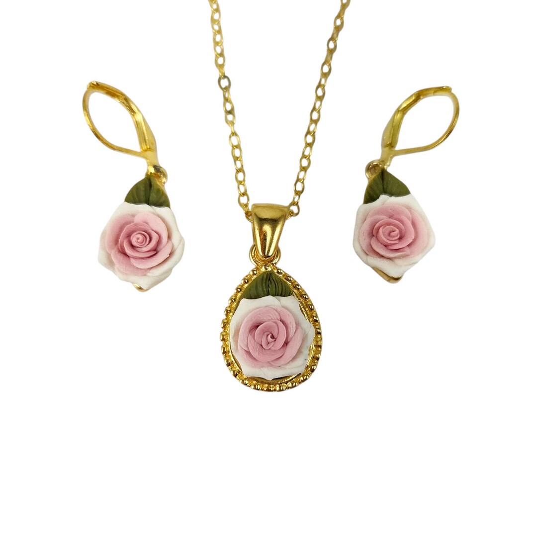 Vintage Pink Rose Jewelry Set: Gold Flower Necklace & Earrings - Etsy
