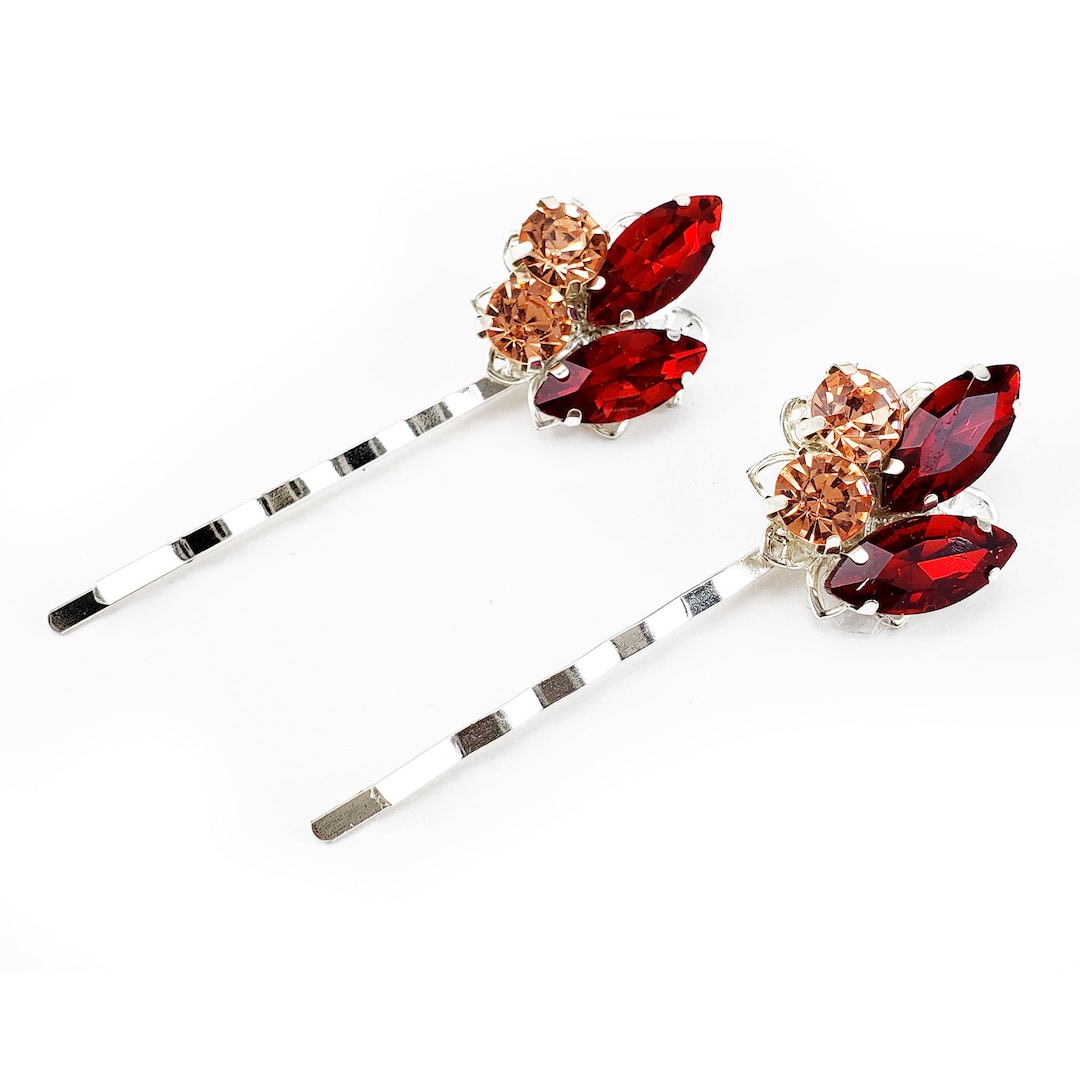 Red Peach Rhinestone Hair Pins: Vintage Style Bobby Pins (set of 2) - Etsy