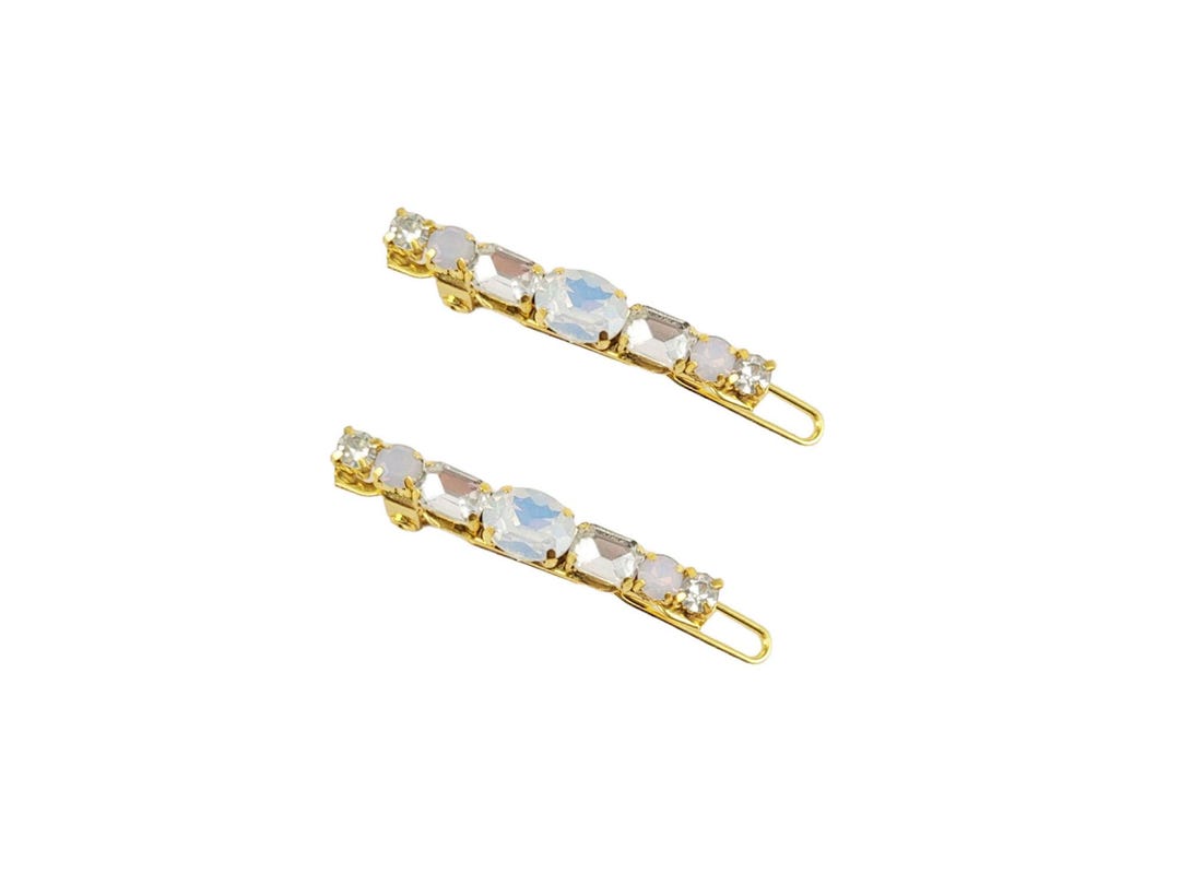 Mini Opal Rhinestone Hair Barrettes: Gold Bridal Hair Jewelry (set of 2 ...