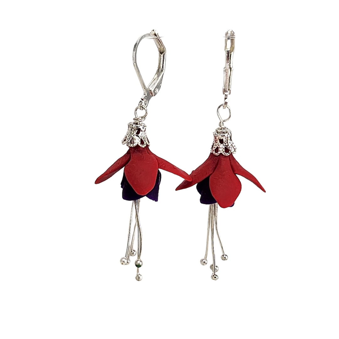 Handmade Fuchsia Flower Dangle Earrings: Red Purple Floral Jewelry - Etsy