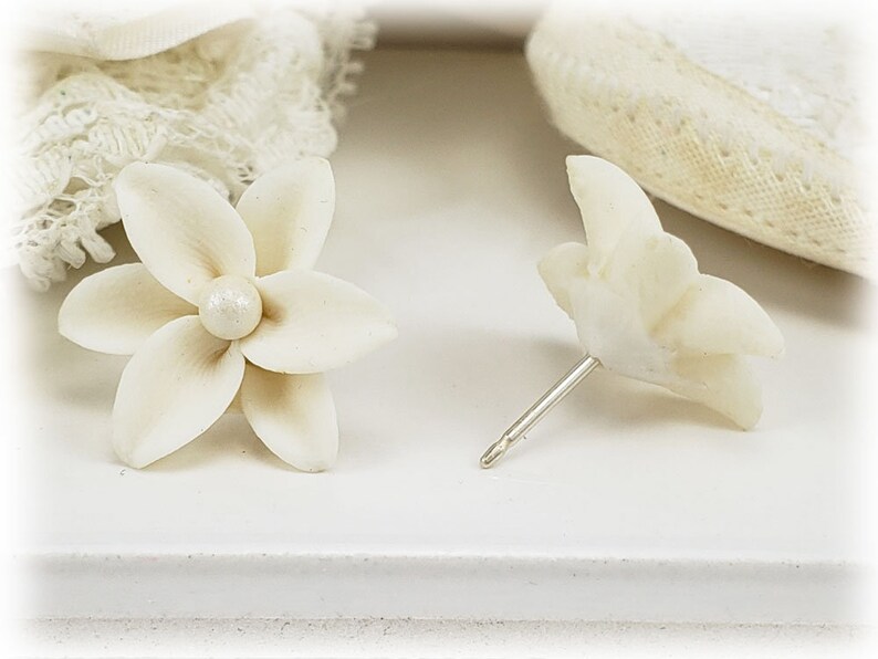 Lily Pearl Stud Earrings or Clip Ons: Hand Sculpted Clay Flower ...