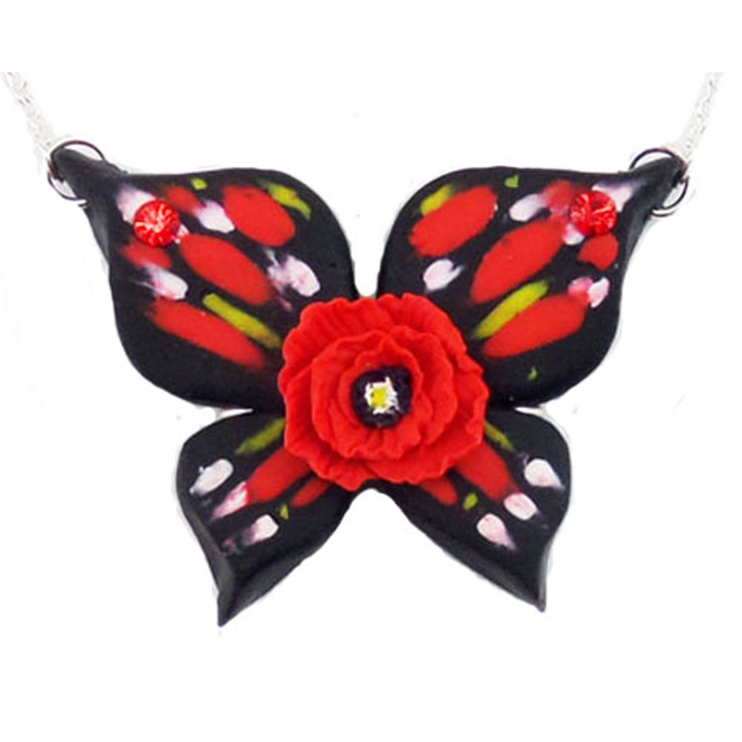Poppy Butterfly Necklace Red Butterfly Pendant Necklace Yellow Flower ...