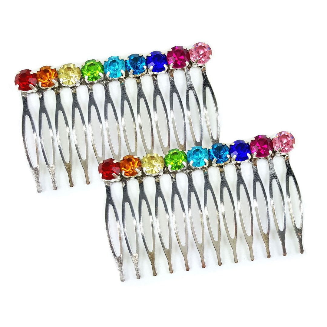 Rainbow Rhinestone Hair Combs: Shimmery Hair Accessory Set - Etsy