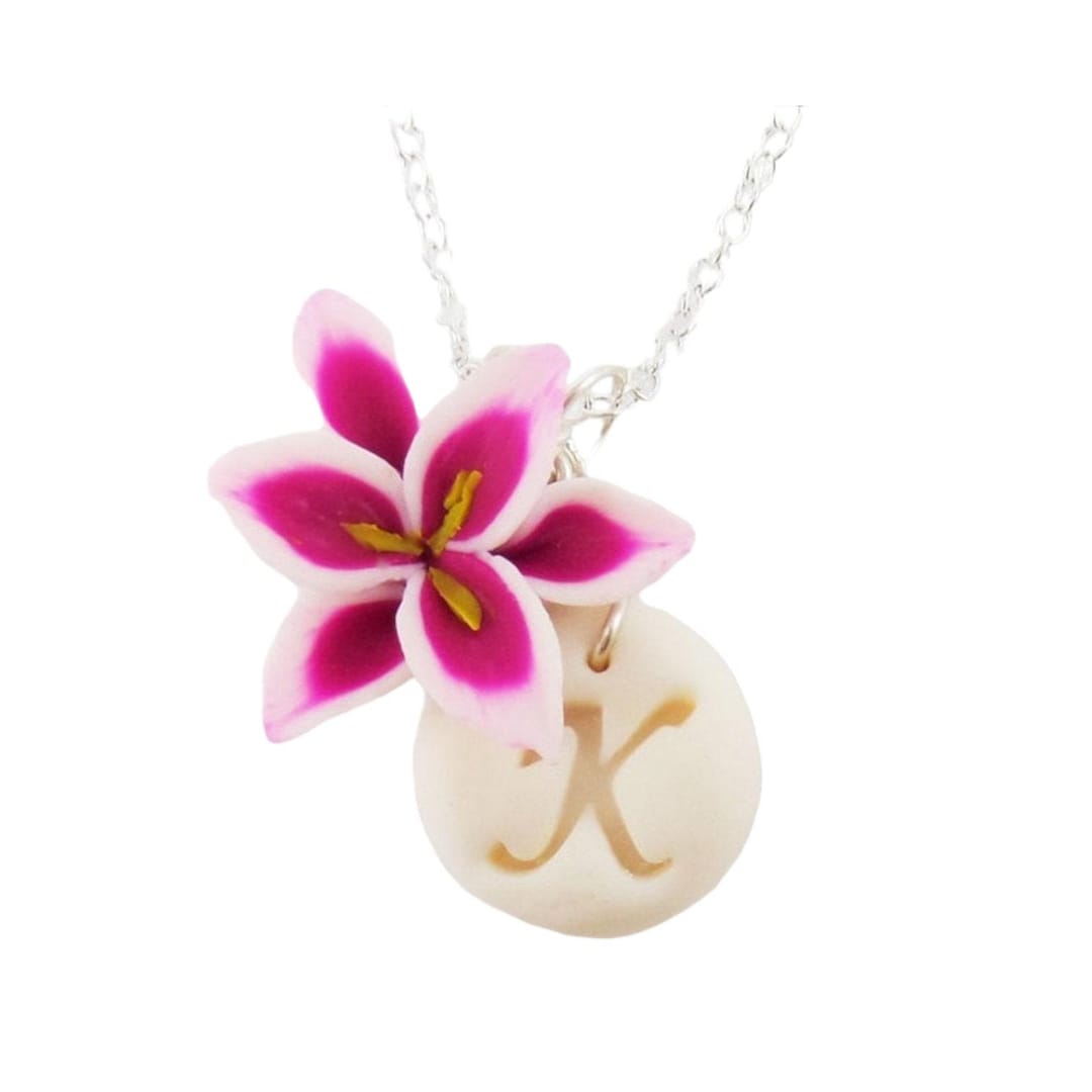 Personalized Stargazer Lily Initial Necklace: Pink Handmade Flower ...