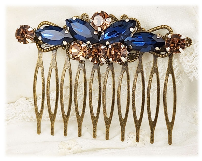 Navy Rhinestone Hair Comb: Vintage Style Bronze Bridal Accessory - Etsy