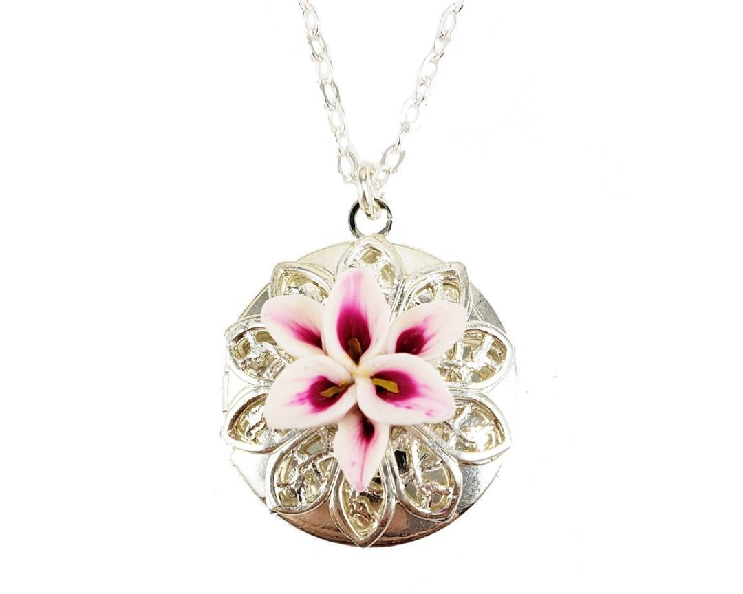 Pink Lily Locket Necklace: Polymer Clay Stargazer Lily, Silver Tone - Etsy