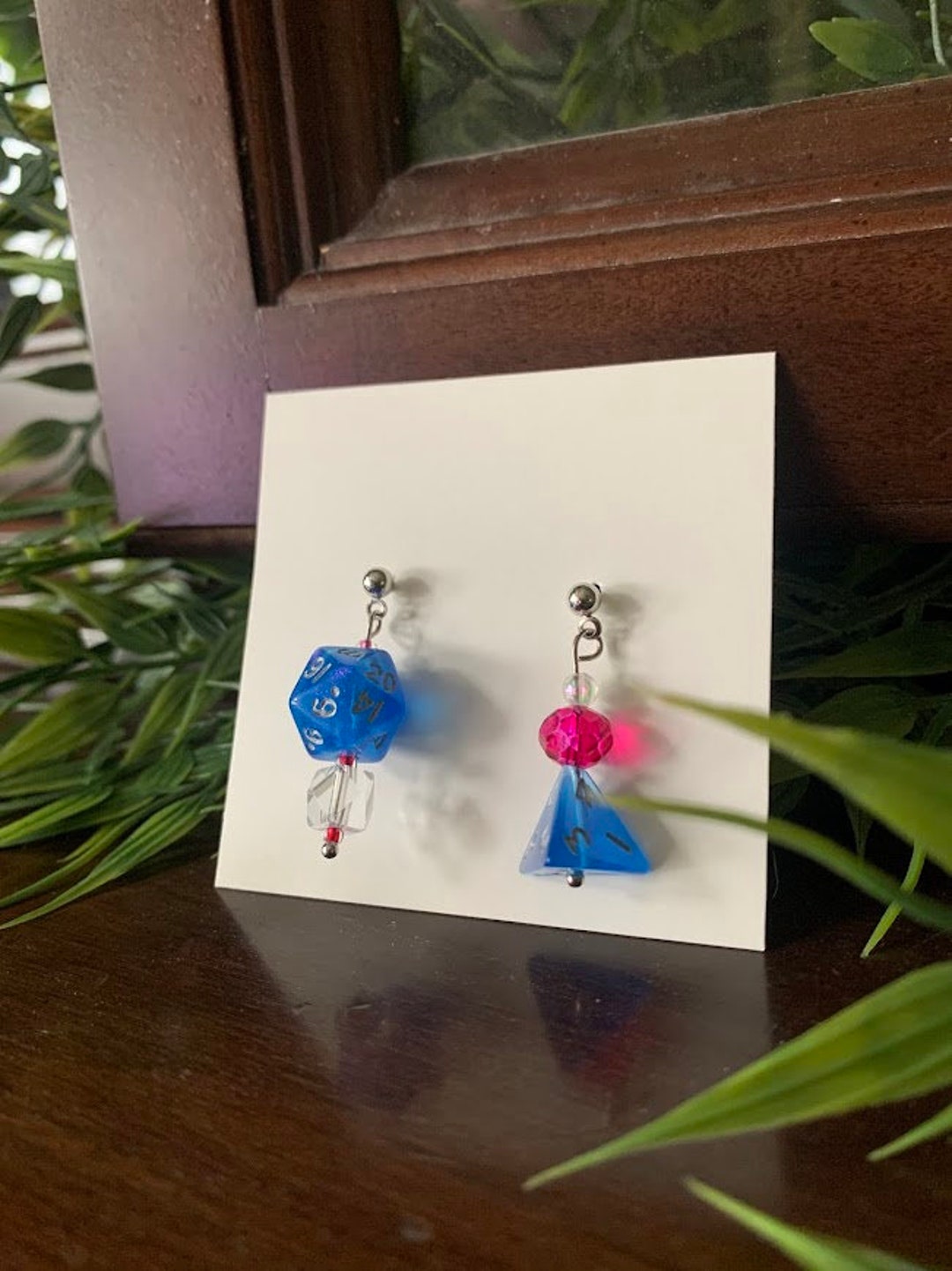 Pink Bead Mini D20 D4 Dice Earrings With Blue Dice. A Lovely Gift for ...