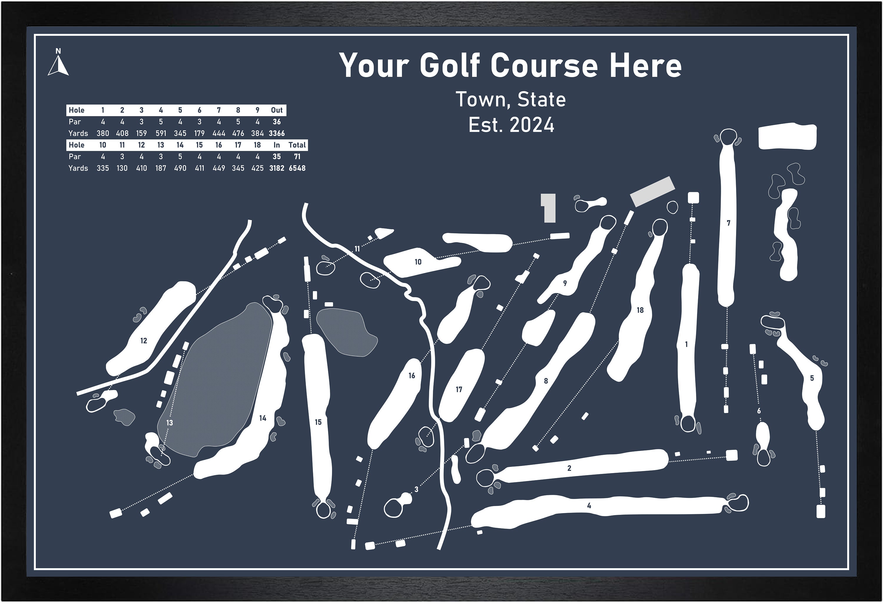 Custom Course Map B&W Fill Framed Artistic Golf Course Map Minimalistic ...