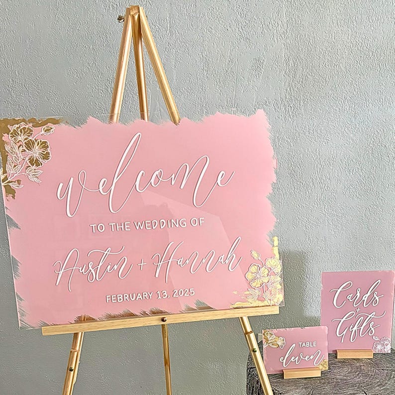 Floral Wedding Welcome Sign: Blush Pink Acrylic With Gold - Etsy