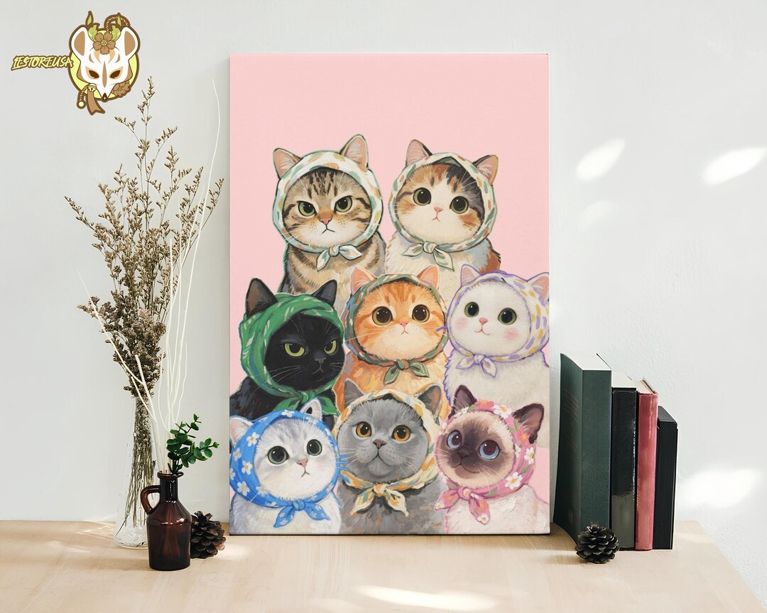 Vintage Coquette Cat Canvas – Cute Kitten Wall Art in Bonnets, Pastel ...