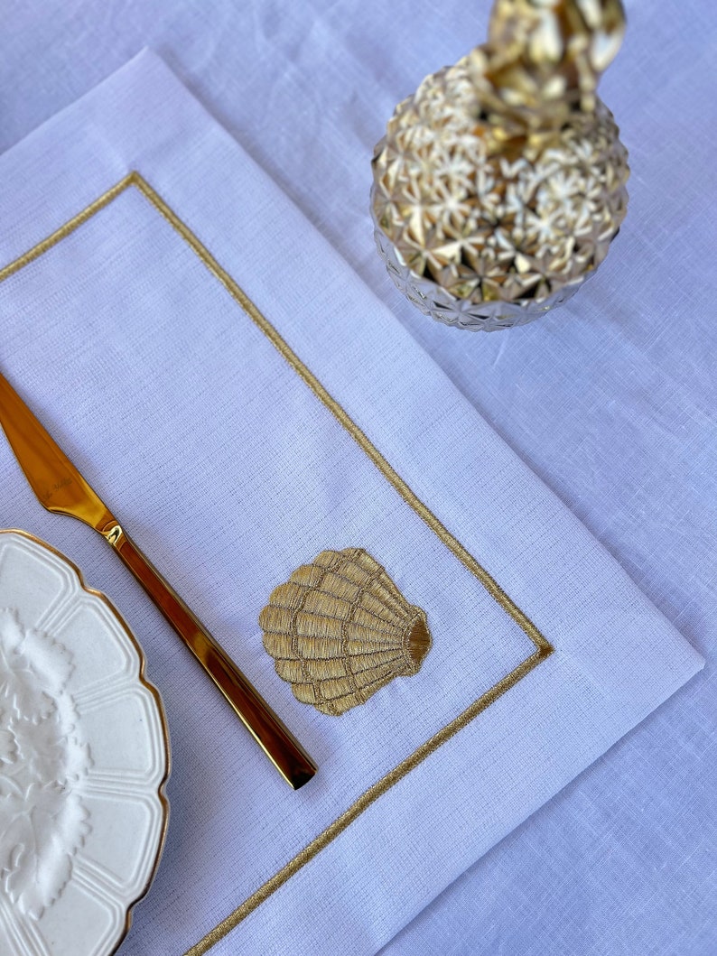 Gold Sea Shell Embroidery Placemat,natural Turkish Linen Fabric ...