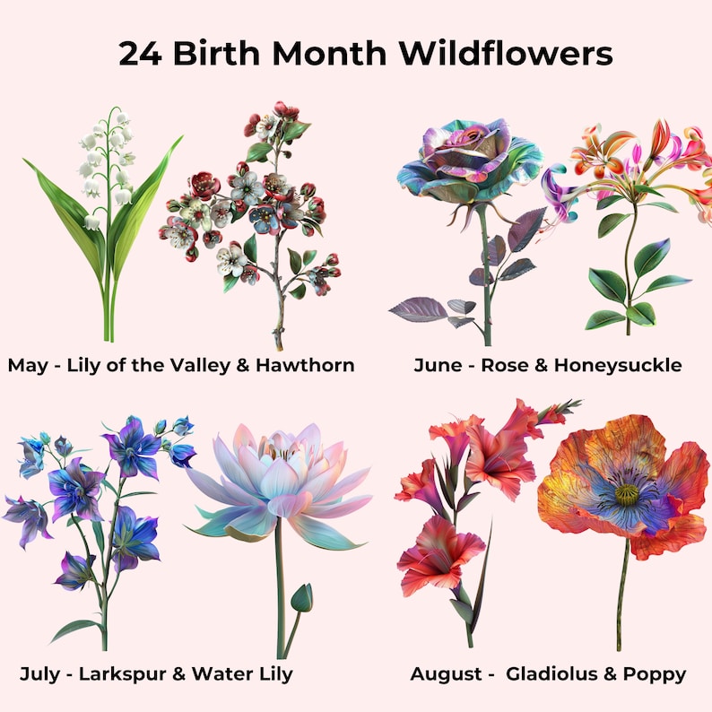 3D Birth Month Flower SVG PNG, Botanical Wildflower Clipart, Floral for ...