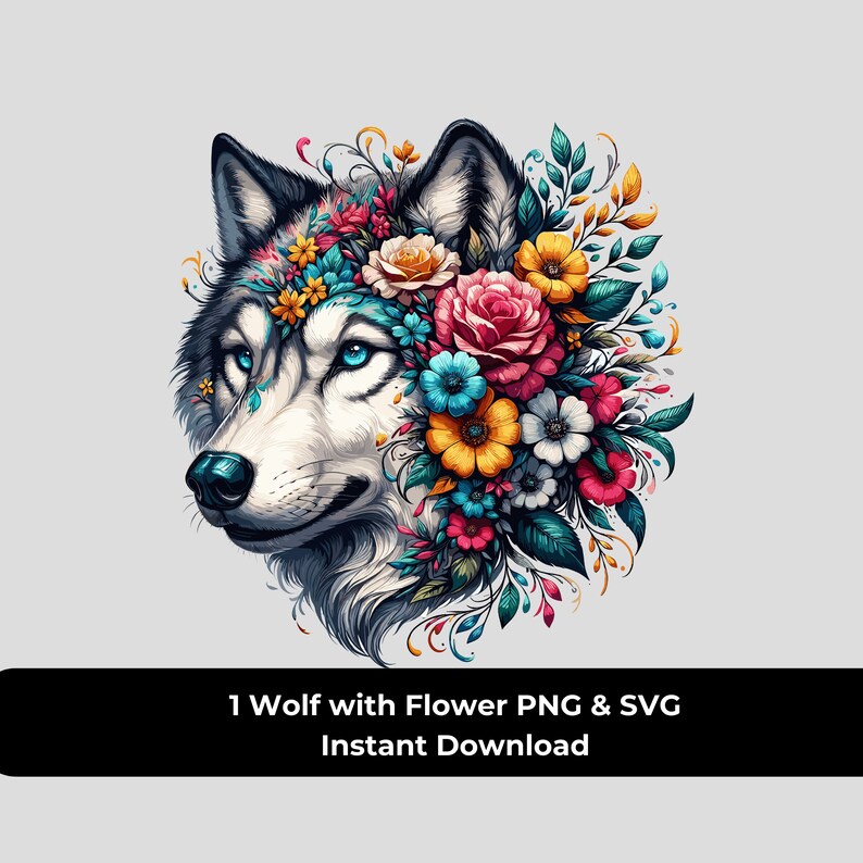 Wolf With Flower SVG - Wolf Face PNG - Perfect for a Tumbler Wrap, Tote ...