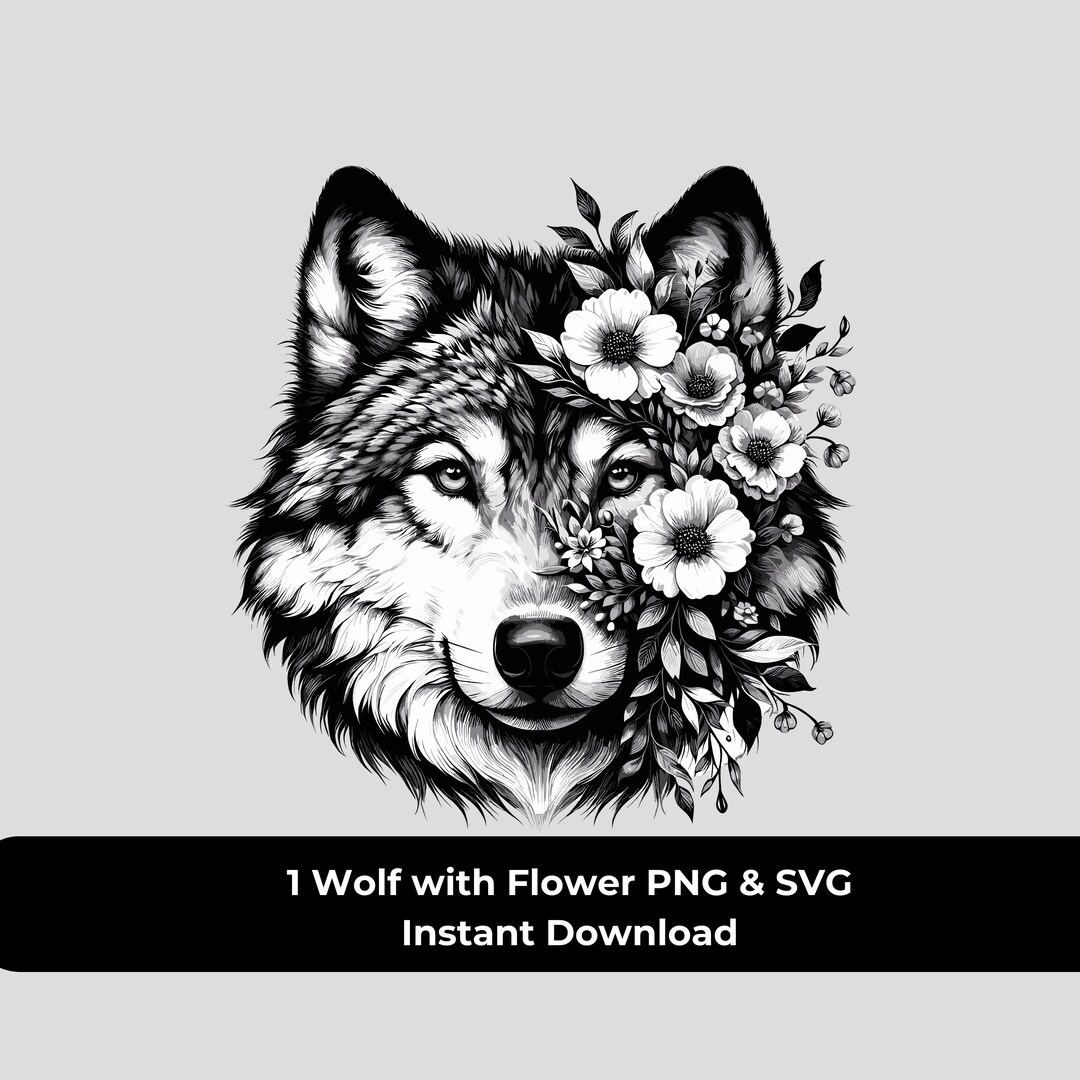 Wolf mit Blume SVG PNG Wolfsgesichtspaket Perfekt für eine Tumbler-Hülle, Tragetasche ...