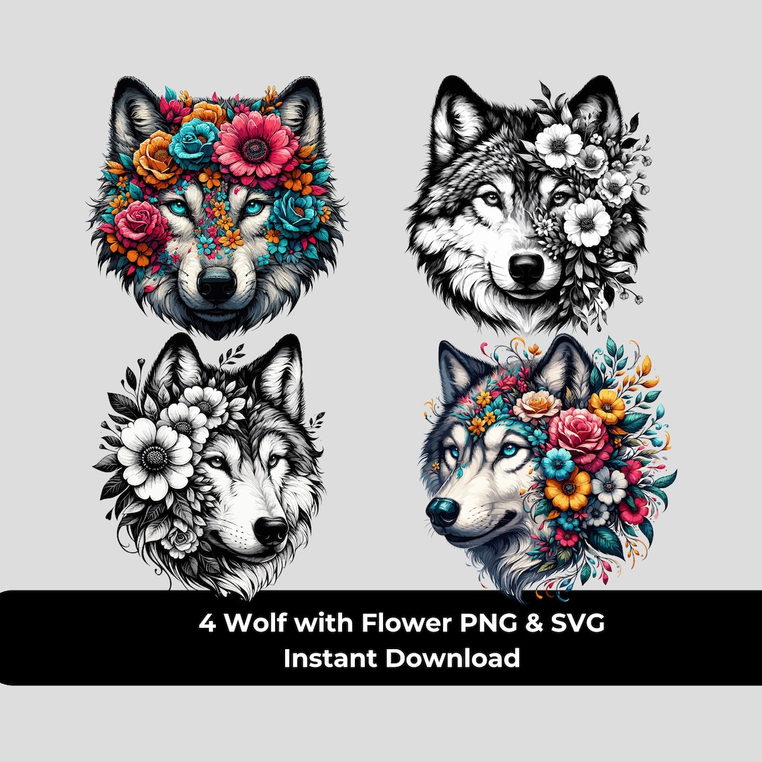Wolf With Flowers SVG PNG - Wolf Face Bundle - Perfect for a Tumbler ...