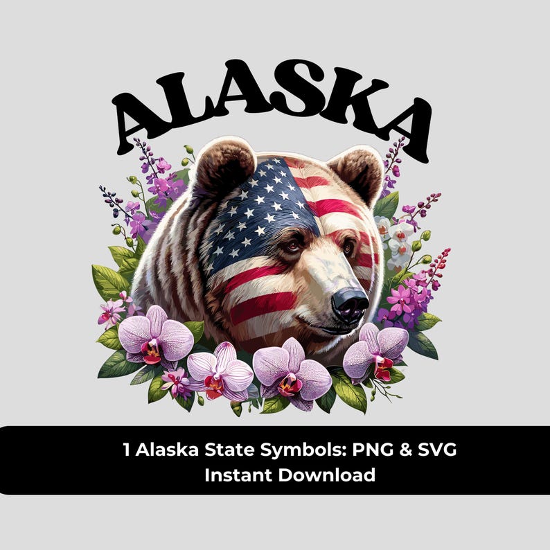 Alaska SVG PNG - USA State Symbols - Wild Orchid Flower - Grizzly Bear ...